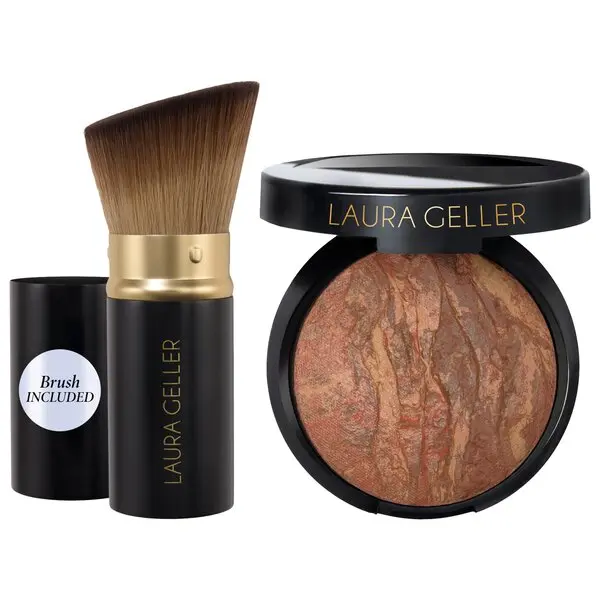 Laura Geller Beauty Balance And Brighten Color Correcting Baked Powder Foundation + Kabuki Brush - Deep