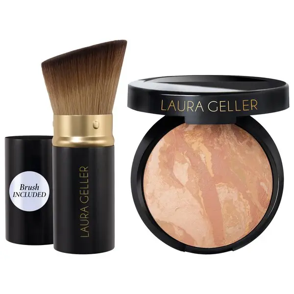 Laura Geller Beauty Balance And Brighten Color Correcting Baked Powder Foundation + Kabuki Brush - Light