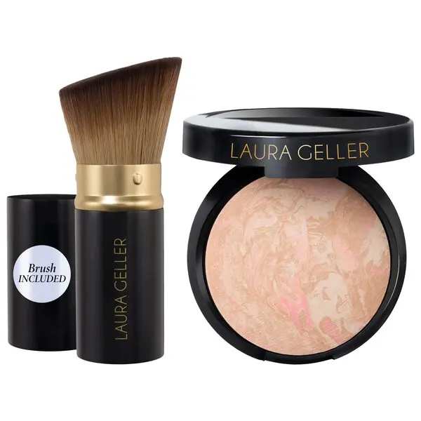 Laura Geller Beauty Balance And Brighten Color Correcting Baked Powder Foundation + Kabuki Brush - Porcelain
