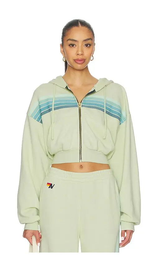 Aviator Nation 5 Stripe Cropped Zip Hoodie - Lime Cream & Seafoam