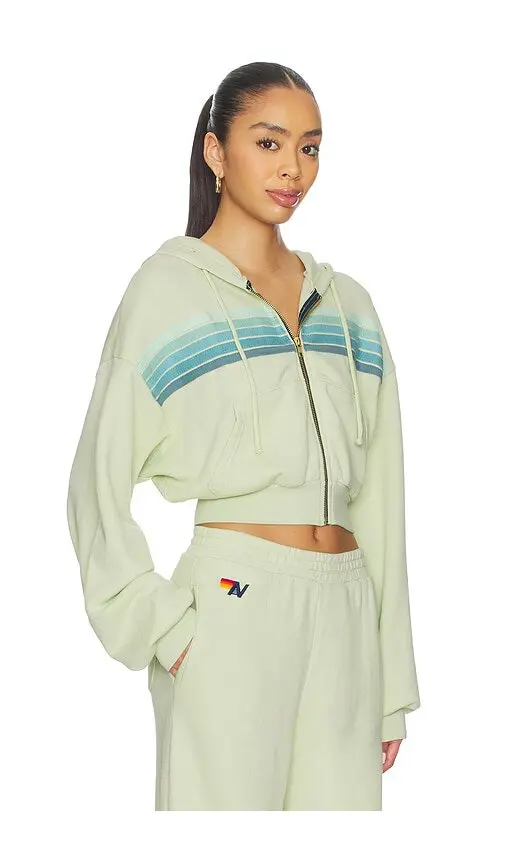 Aviator Nation 5 Stripe Cropped Zip Hoodie - Lime Cream & Seafoam