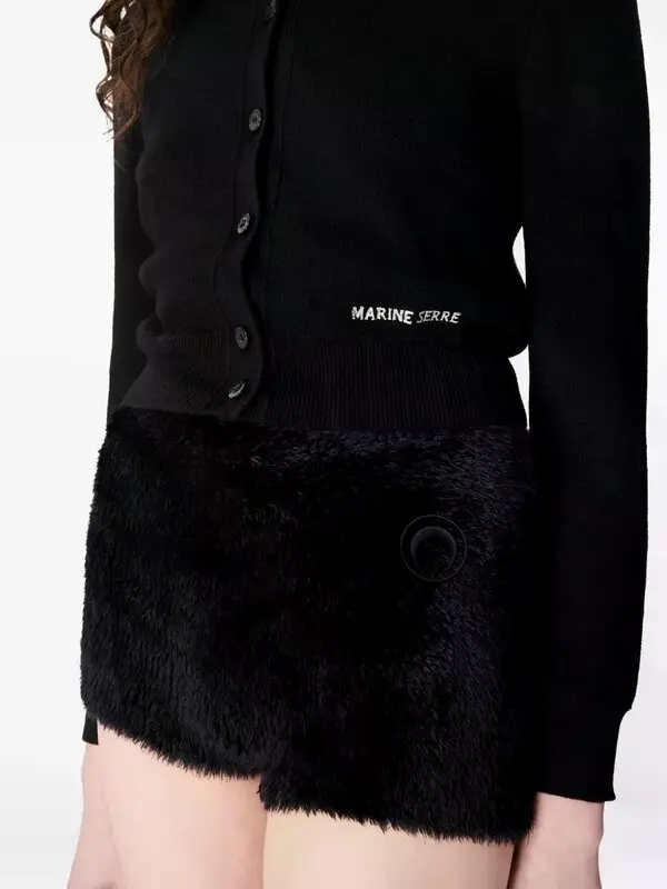 MARINE SERRE Cropped Cardigan With Faux Fur Collar - Black