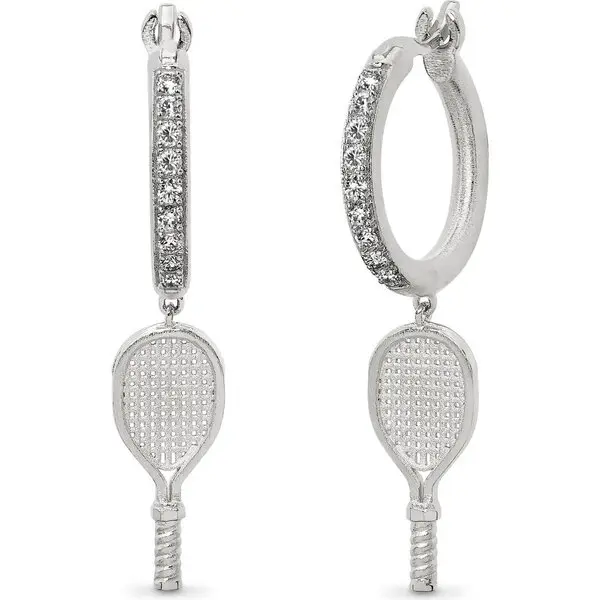 PASCAL Tennis Racket Hoop Earrings - Silver/white Diamond