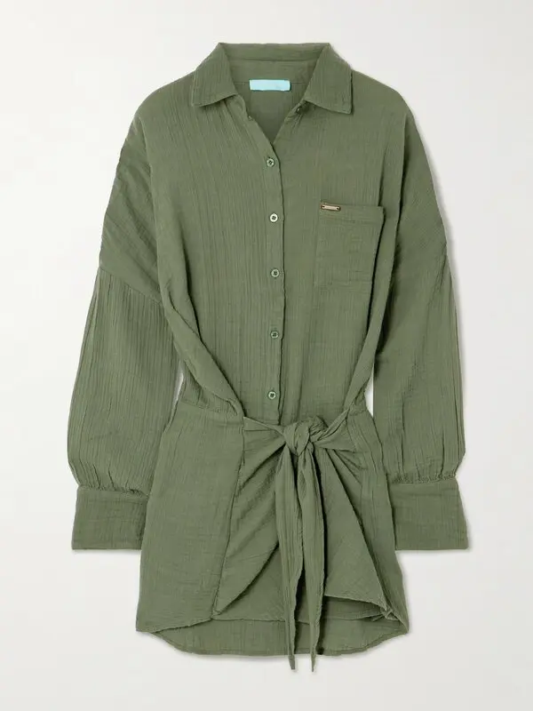 Melissa Odabash Sara Tie-front Crinkled Cotton-gauze Mini Shirt Dress - Green