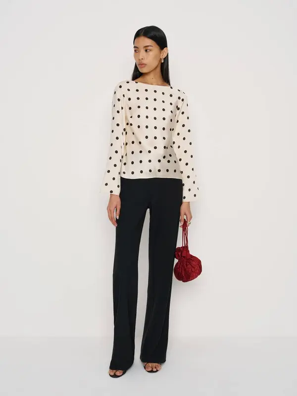 REFORMATION Marlow Silk Top Polka Dot Boatneck Blouse - Ivory