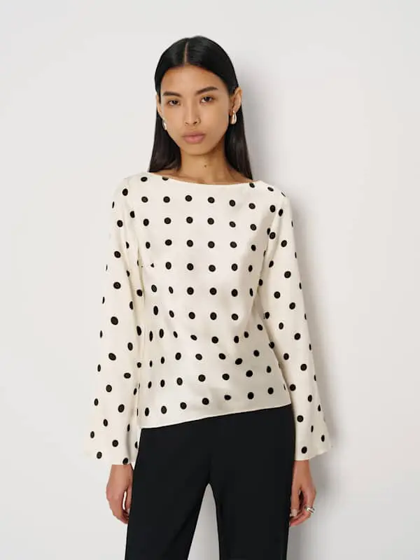 REFORMATION Marlow Silk Top Polka Dot Boatneck Blouse - Ivory