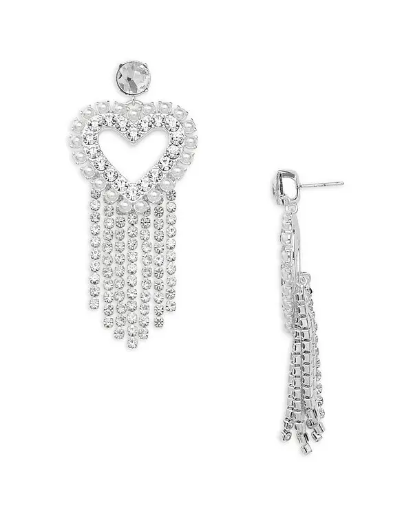 Aqua Salvo Rhinestone Heart Fringe Drop Earrings - Silver