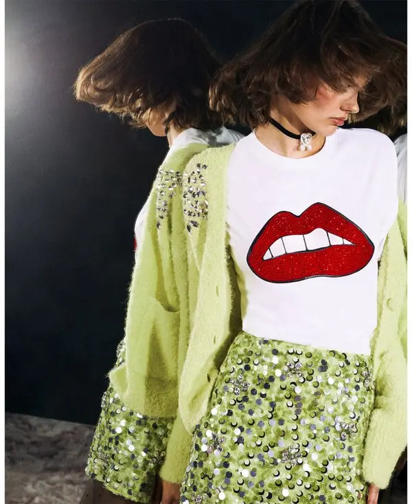 Aqua Embellished Lips T-shirt - White