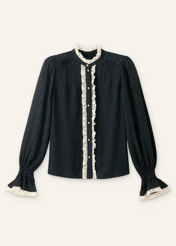 ME+EM Micro Polka Dot And Lace Blouse - Black/light Cream
