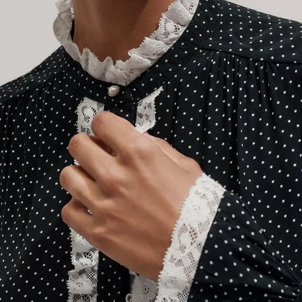 ME+EM Micro Polka Dot And Lace Blouse - Black/light Cream