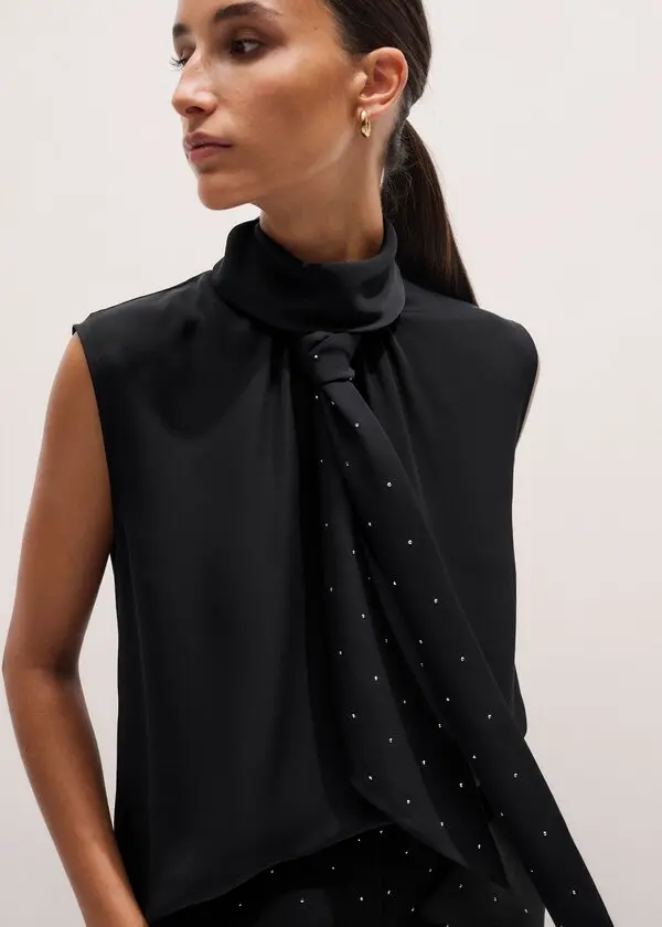 ME+EM Silk Sleeveless Top With Embellished Scarf - Black