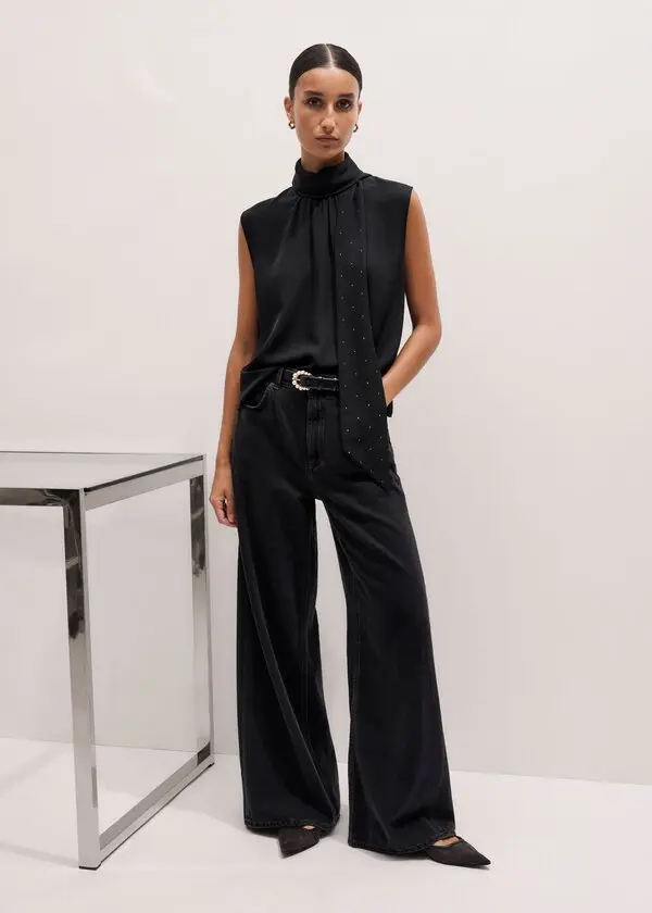 ME+EM Silk Sleeveless Top With Embellished Scarf