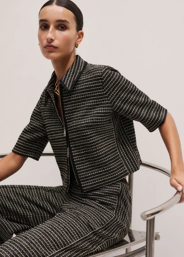 ME+EM Stripe Tweed Zip-front Top - Black Multi