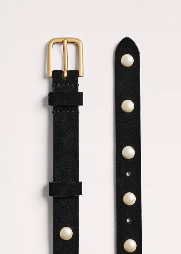 ME+EM Faux Pearl Studded Suede Belt - Black