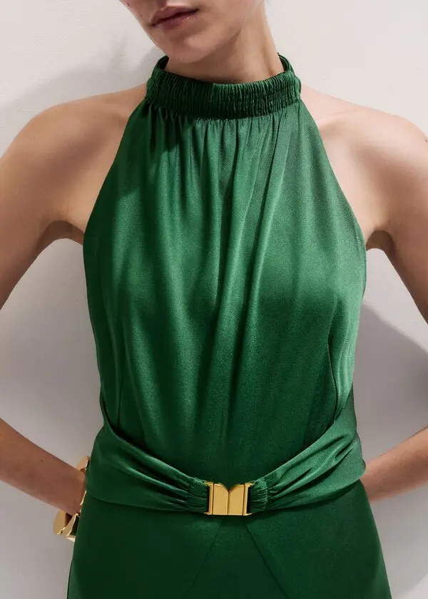 halter neck tie waist dress Amoris T713 Halter Neck, High Slit Gown With Open Back & Self-Tie Bow Sage / L main image 0