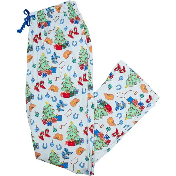 RUFFLEBUTTS Softsnooze Holiday Adult Pajama Pants - Blue Yuletide Yeehaw