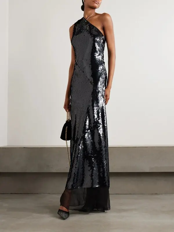 Stella McCartney One-shoulder Sequined Tulle Gown With Chiffon Trim - Black