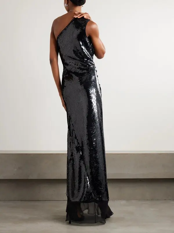 Stella McCartney One-shoulder Sequined Tulle Gown With Chiffon Trim - Black