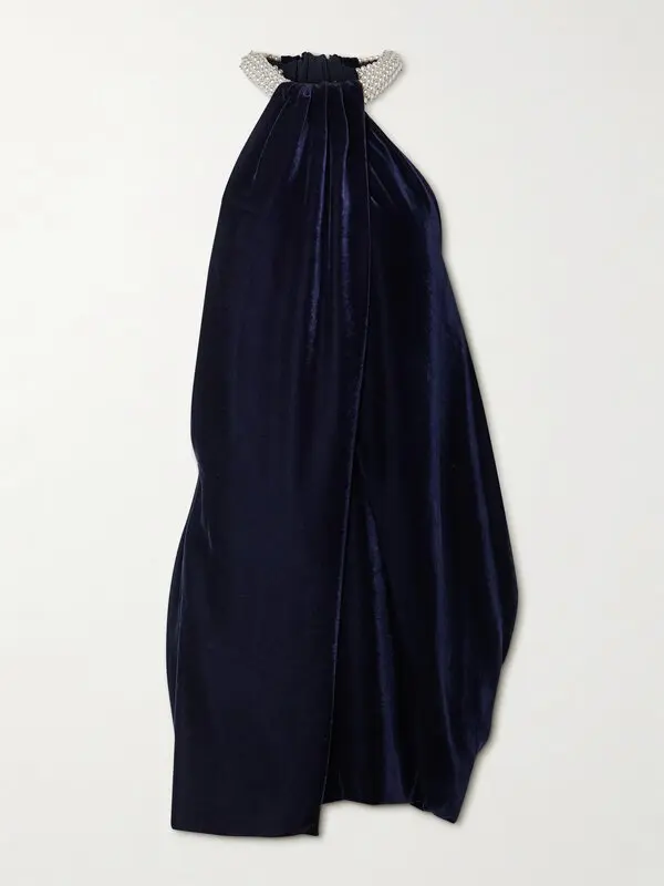 Stella McCartney Embellished Draped Velvet Halterneck Mini Dress - Blue
