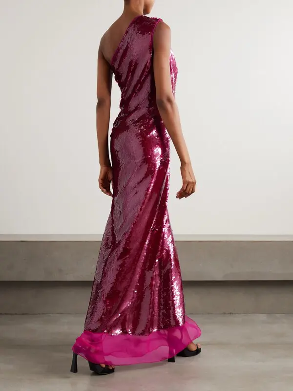 Stella McCartney One-shoulder Sequined Tulle Gown With Chiffon Trim - Burgundy