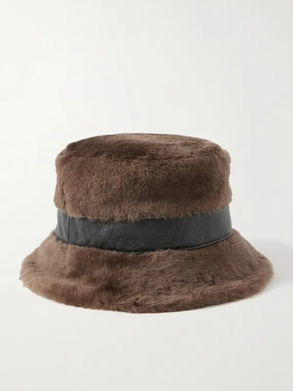 GIGI BURRIS MILLINERY Molly Leather-trimmed Shearling Bucket Hat - Brown