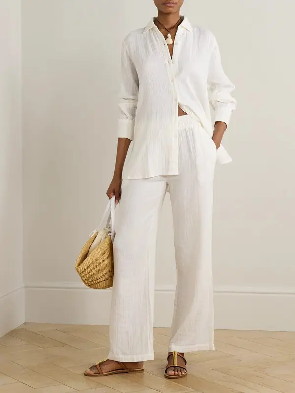 Melissa Odabash Krissy Crinkled-cotton Straight-leg Pants - Neutrals