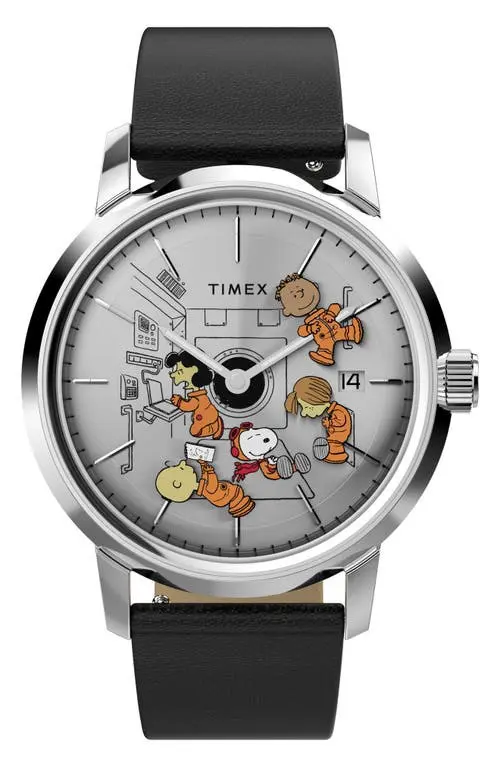 TIMEX® X Peanuts Marlin® Space Automatic Leather Strap Watch - Silverone