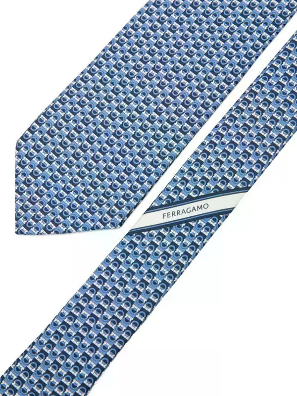 FERRAGAMO Gancini Print Silk Neck Tie - Blue