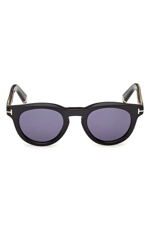 TOM FORD 47mm Round Frame Sunglasses - Shiny Black/blue Lens