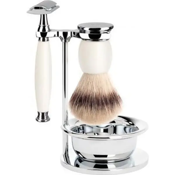 MUHLE Sophist Porcelain 4-piece Silvertip Fiber & Safety Razor Shaving Set - White