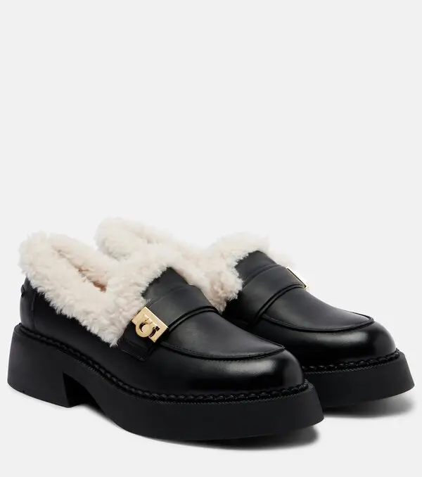 FERRAGAMO Caminia Shearling-trimmed Leather Loafers - Black