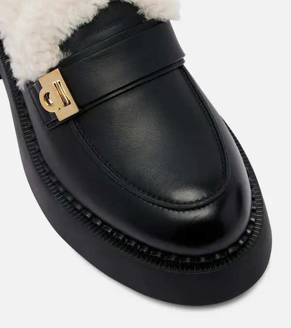 FERRAGAMO Caminia Shearling-trimmed Leather Loafers