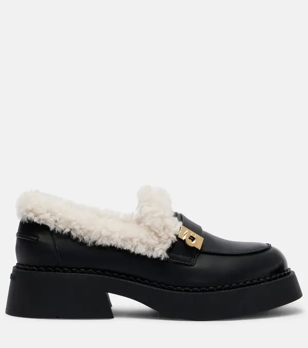 FERRAGAMO Caminia Shearling-trimmed Leather Loafers