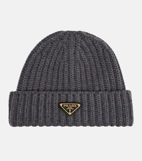 Prada Logo Ribbed-knit Wool And Cashmere Beanie - Grey