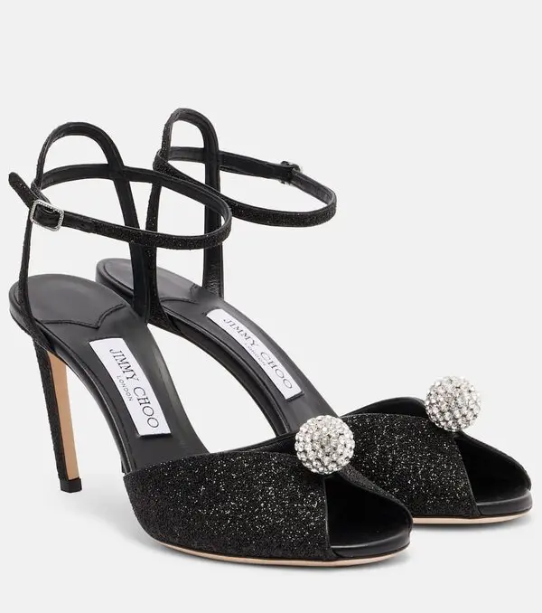 JIMMY CHOO Sacora 85 Glitter Peep-toe Sandals - Black