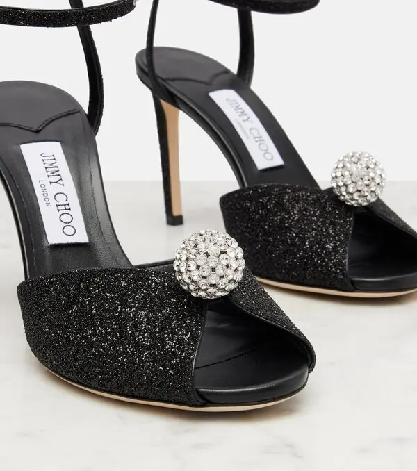 JIMMY CHOO Sacora 85 Glitter Peep-toe Sandals - Black