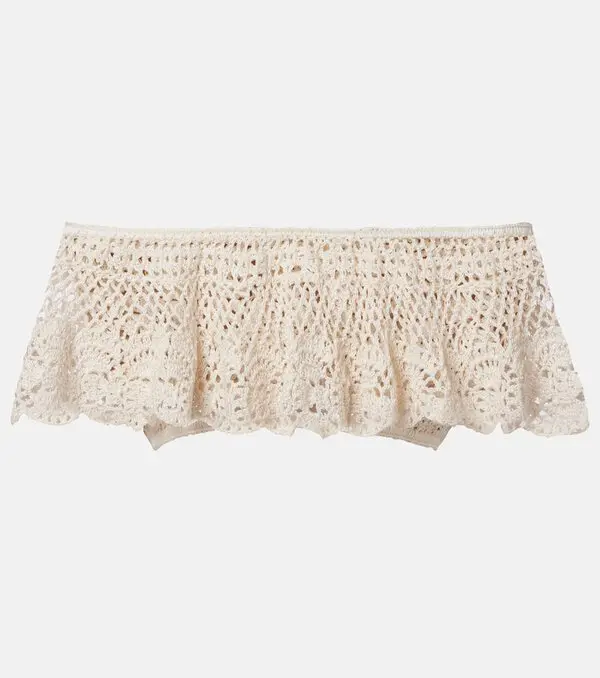 Anna Kosturova Filigree Crochet Off-shoulder Crop Top - Beige