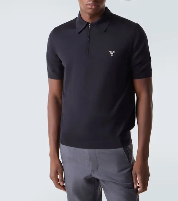 Prada Logo Virgin Wool Polo Shirt - Blue