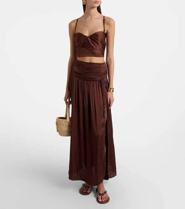 Poupette St Barth Palmire Satin Crop Top - Brown