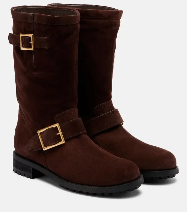 JIMMY CHOO Biker Suede Mid-calf Boots - Brown