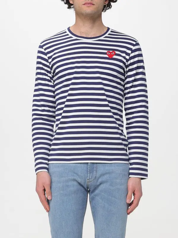 Play Comme Des Garcon Striped Cotton T-shirt With Logo - Blue