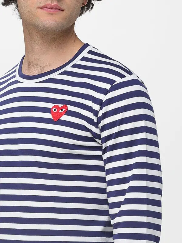 Play Comme Des Garcon Striped Cotton T-shirt With Logo - Blue