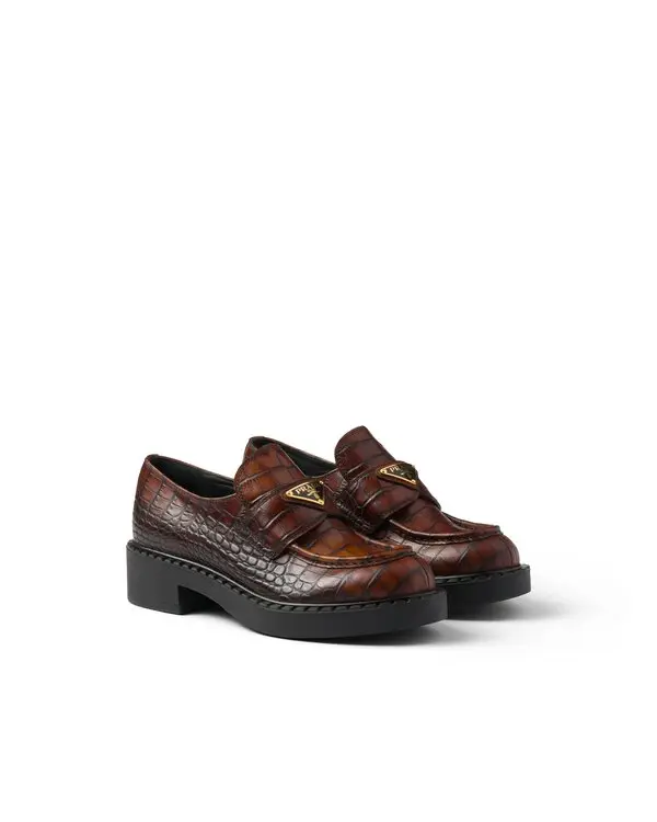 Prada Chocolate Crocodile-print Leather Loafers - Brown