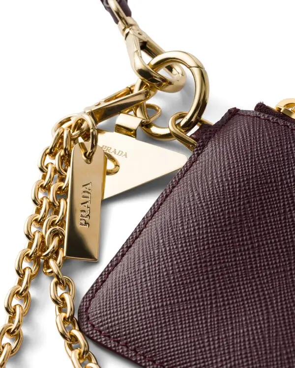 Prada Saffiano Leather Card Holder With Shoulder Strap - Red