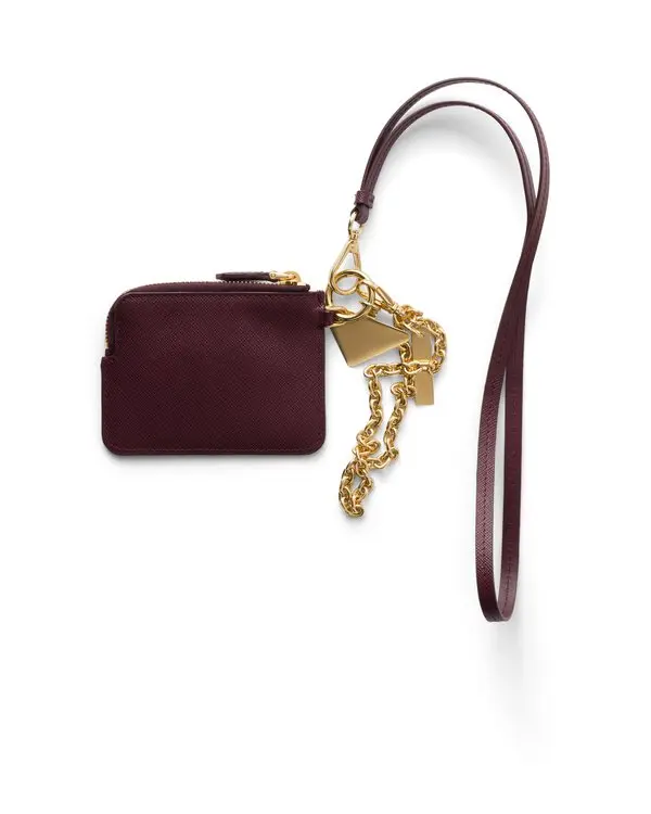 Prada Saffiano Leather Card Holder With Shoulder Strap - Red
