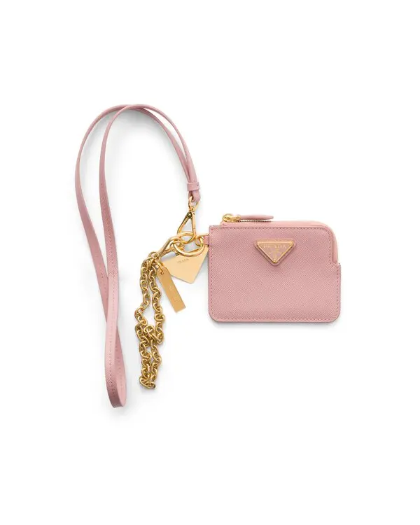 Prada Saffiano Leather Card Holder With Shoulder Strap - Pink