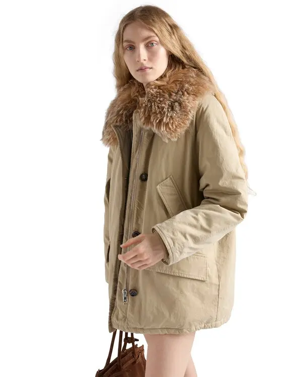 Prada Medium-weight Old Panama Cotton Down Jacket With Removable Shearling Collar
