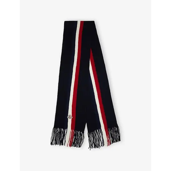 Moncler Tricolour Fringed Wool Scarf - Navy