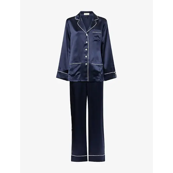 Olivia Von Halle Coco Pipe-trim Silk-satin Pyjamas - Navy Ivory Core