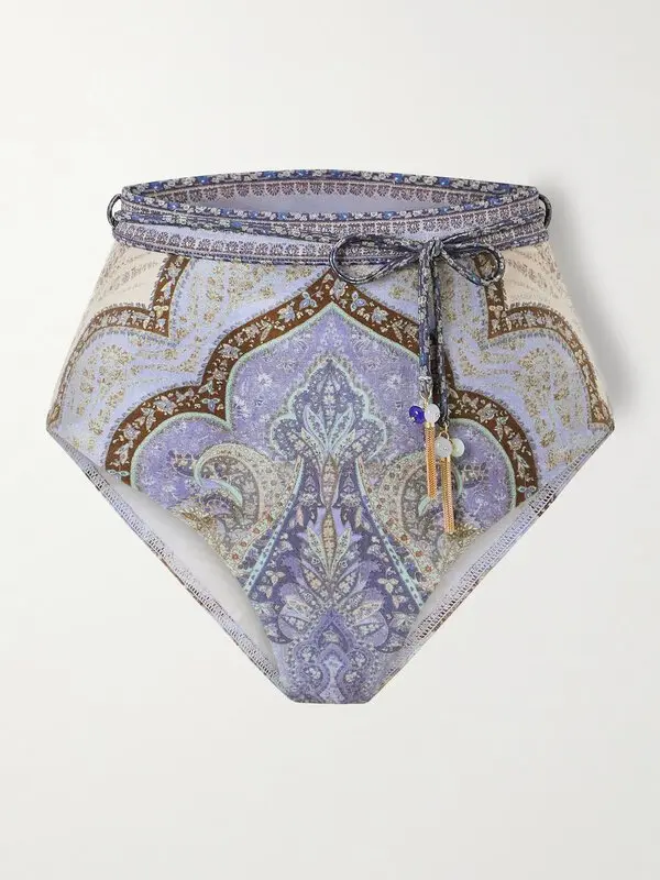 Zimmermann Wanderlust Belted Paisley-print Bikini Briefs - Blue